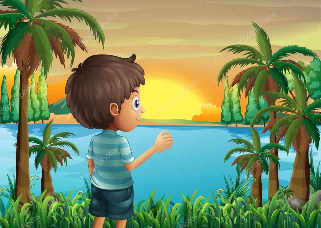 Un niño mirando el atardecer en la orilla del río — Vector de stock ...
