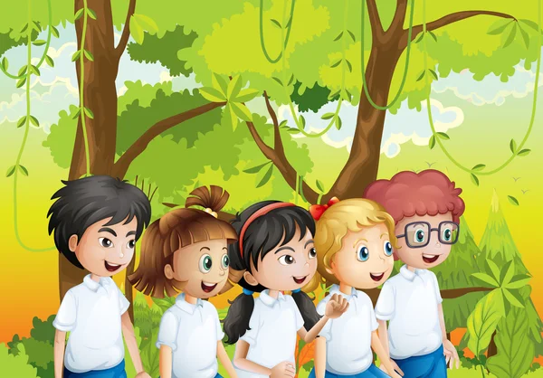 Five students at the forest - Stock Image - Everypixel