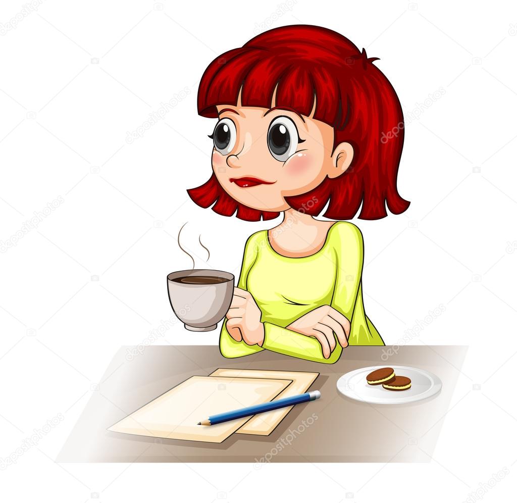 Una niña sentada en un café ilustrado — Vector de stock ...