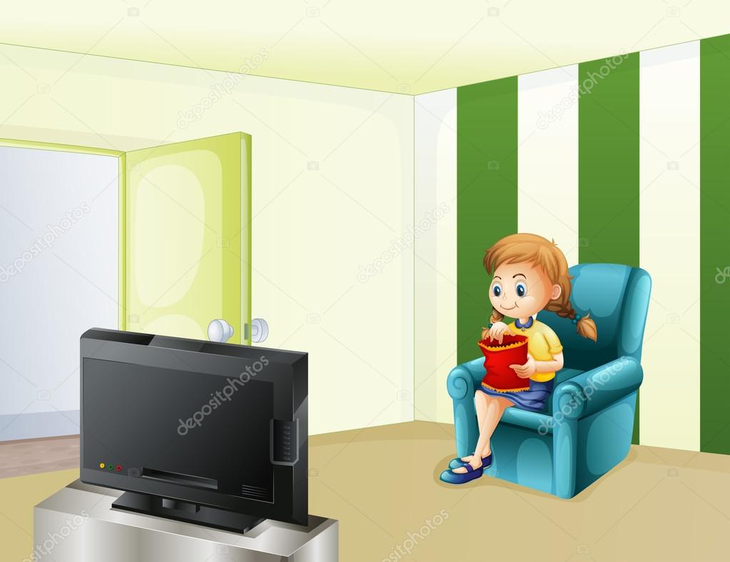 Una chica viendo la televisión mientras come Vector de stock #43274321 ...