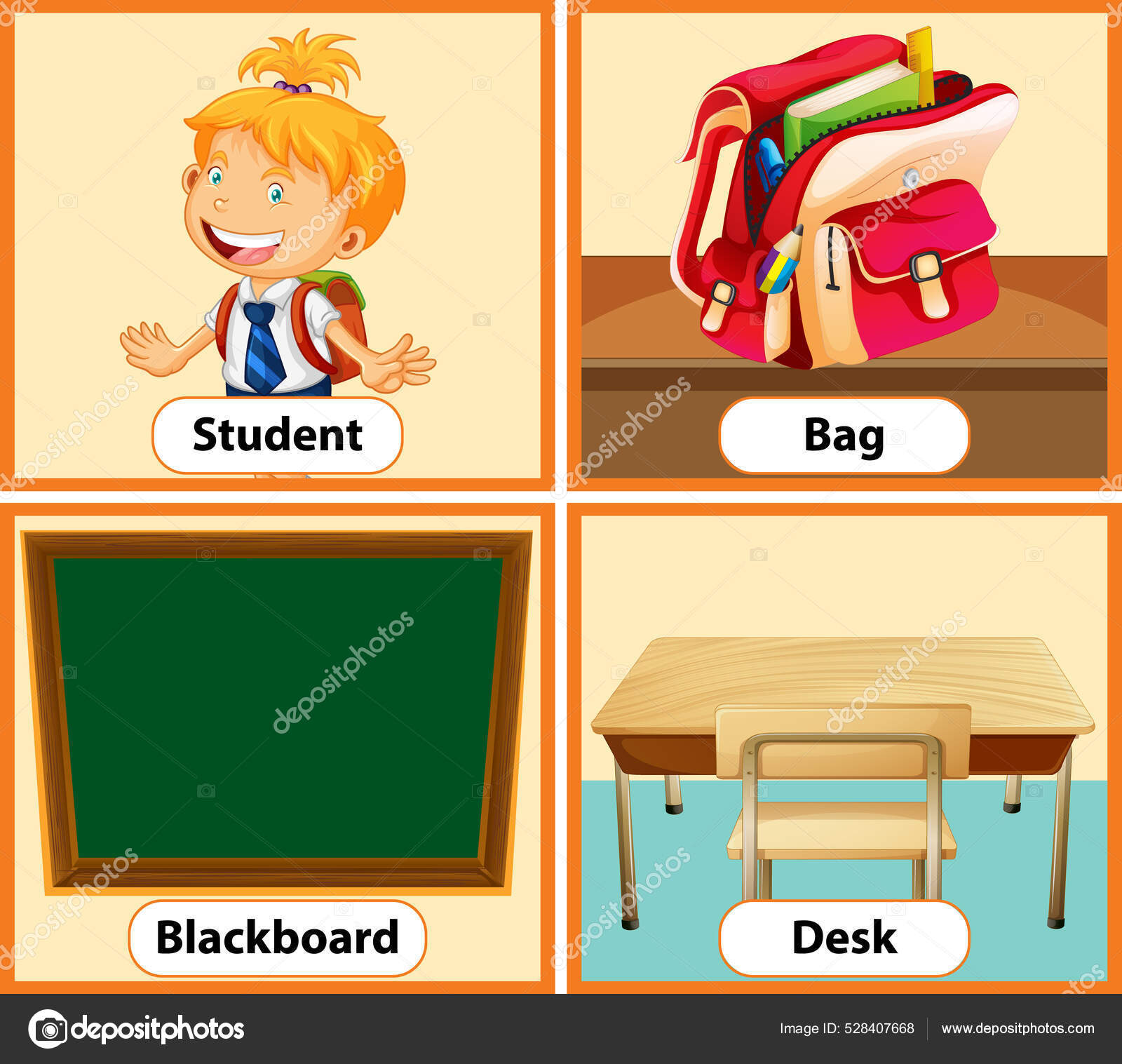 Educativo Inglés Palabra Tarjeta Objetos Escuela Conjunto Ilustración ...