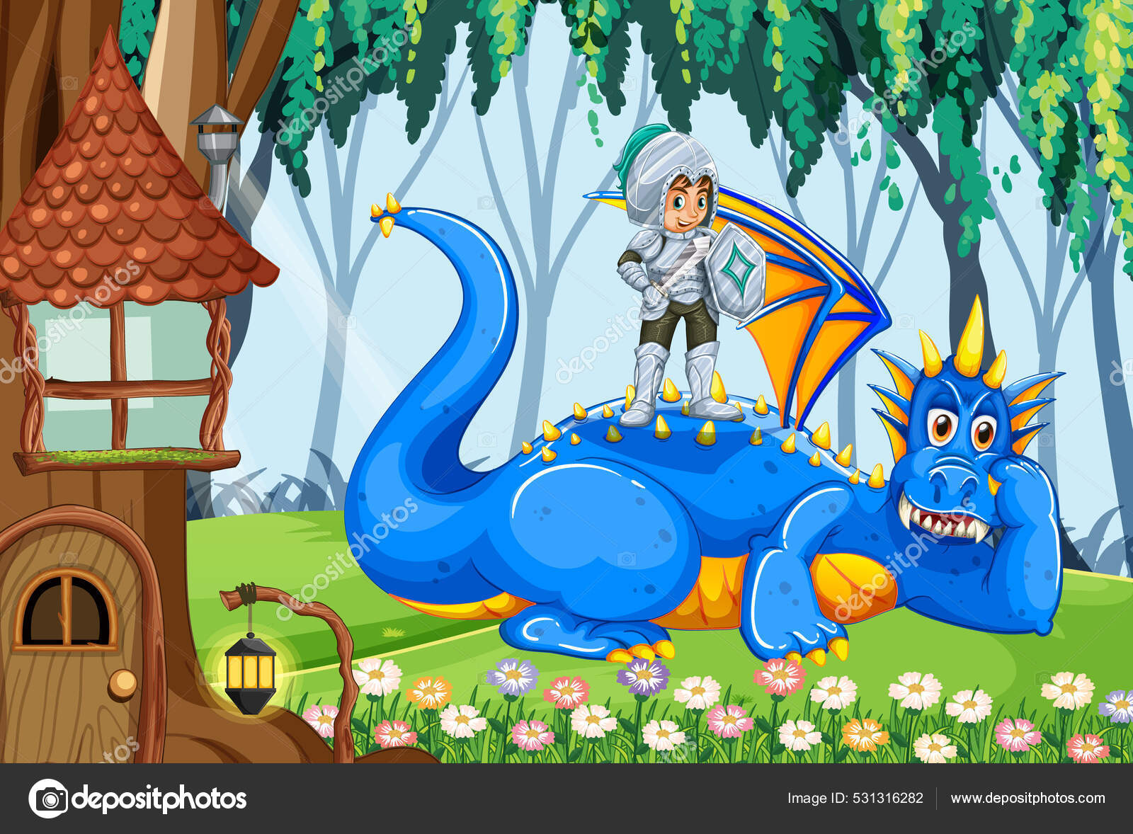 Dragon Knight Enchanted Forest Background Illustration Stock Vector ...