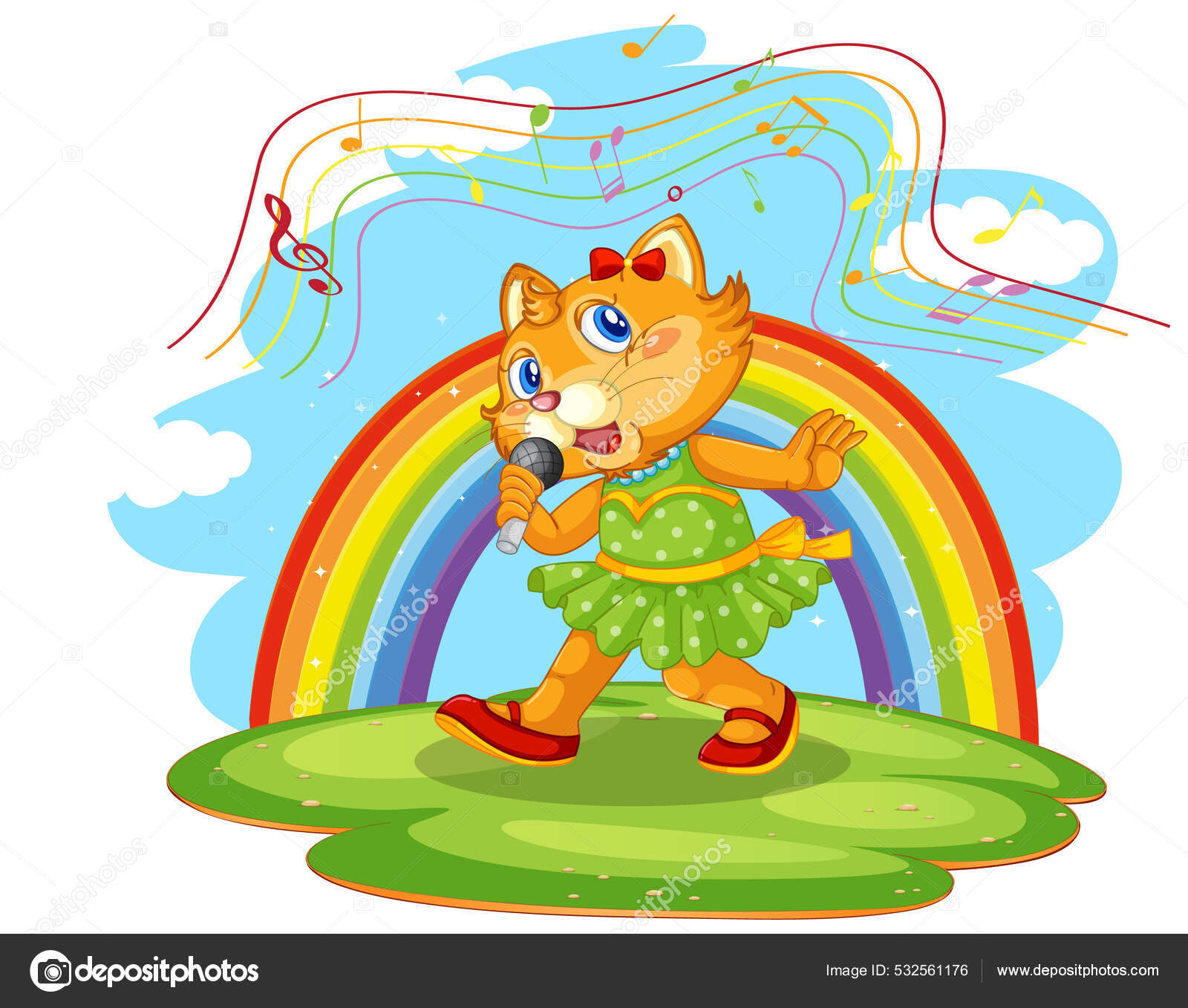 Cat Singing Cartoon Character Rainbow Background Illustration Stock ...