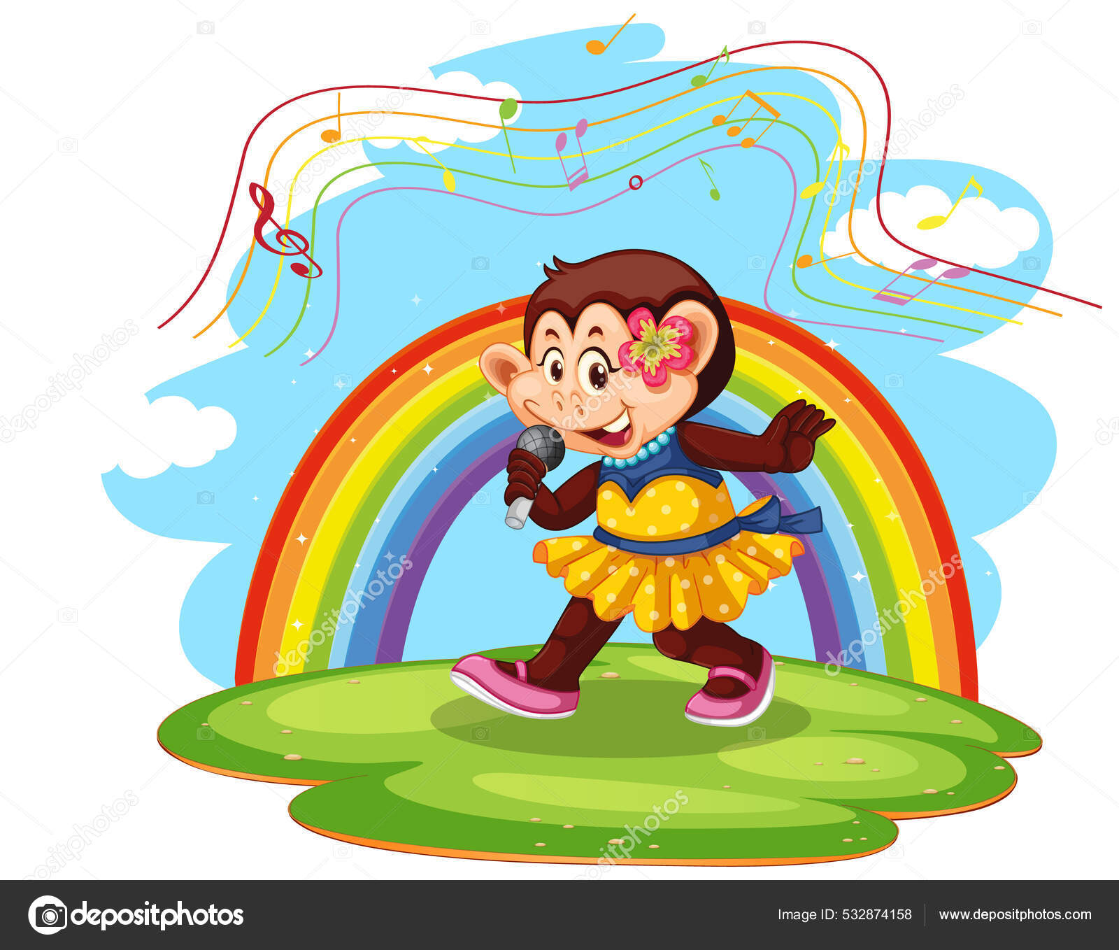 Monkey Singing Cartoon Character Rainbow Background Illustration Stock ...