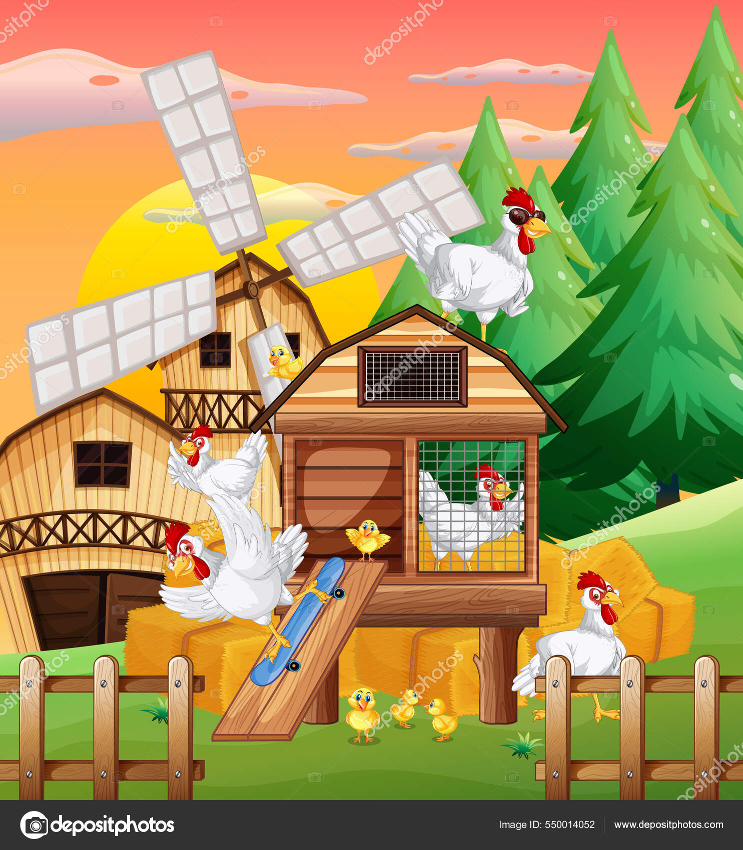 Granja Escena Con Grupo Pollos Ilustración Vector de stock por ...