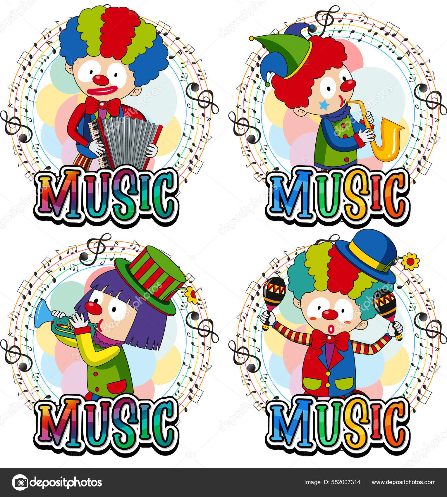 Set Happy Clown Playing Musical Instruments Music Notes White ...
