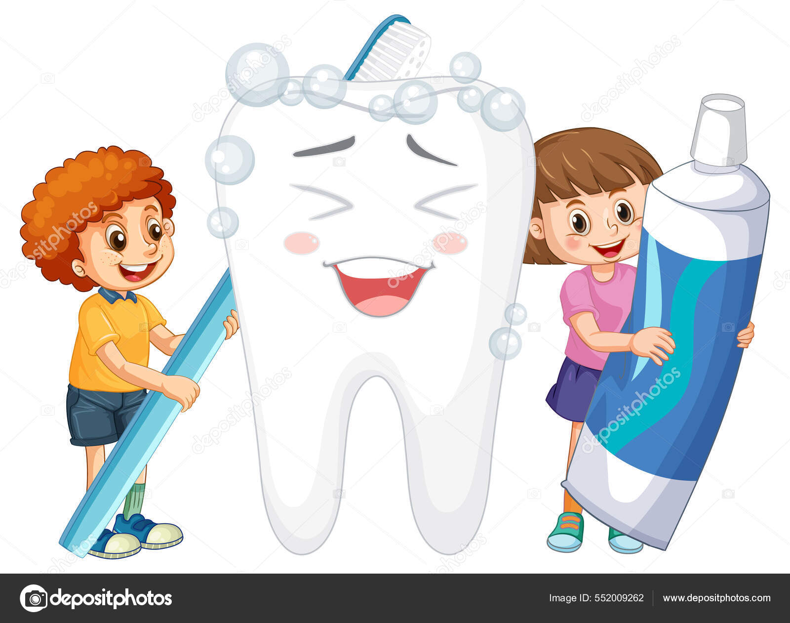 Happy Kids Brushing Big Tooth Toothbrush White Background Illustration ...