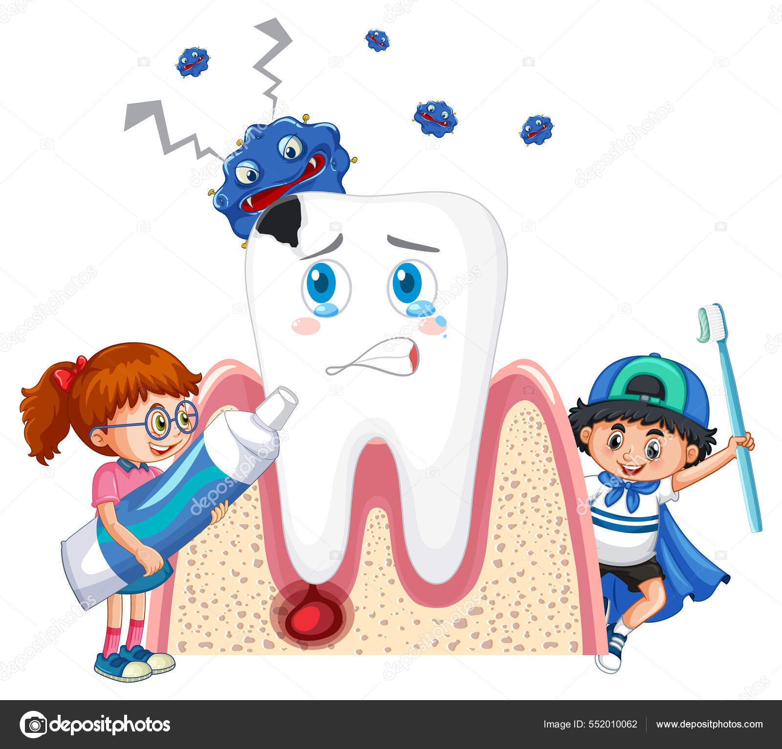 Niños Felices Cepillándose Cuidando Una Caries Dental Sobre Fondo ...
