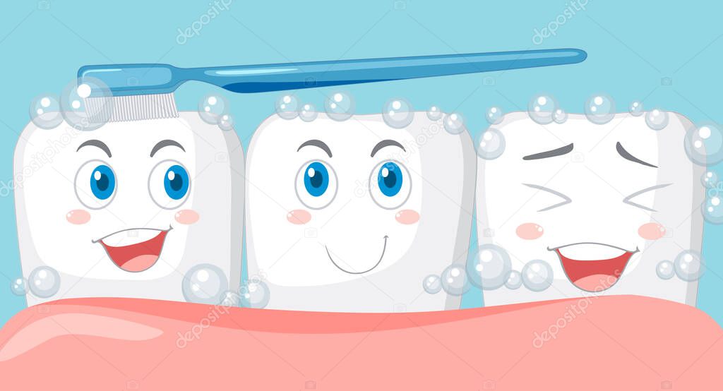 Feliz cepillarse los dientes con una pasta de dientes sobre fondo azul ...