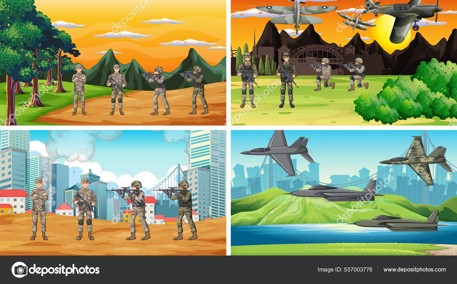 Set Different Army War Scenes Illustration Stock Vector Image by ...