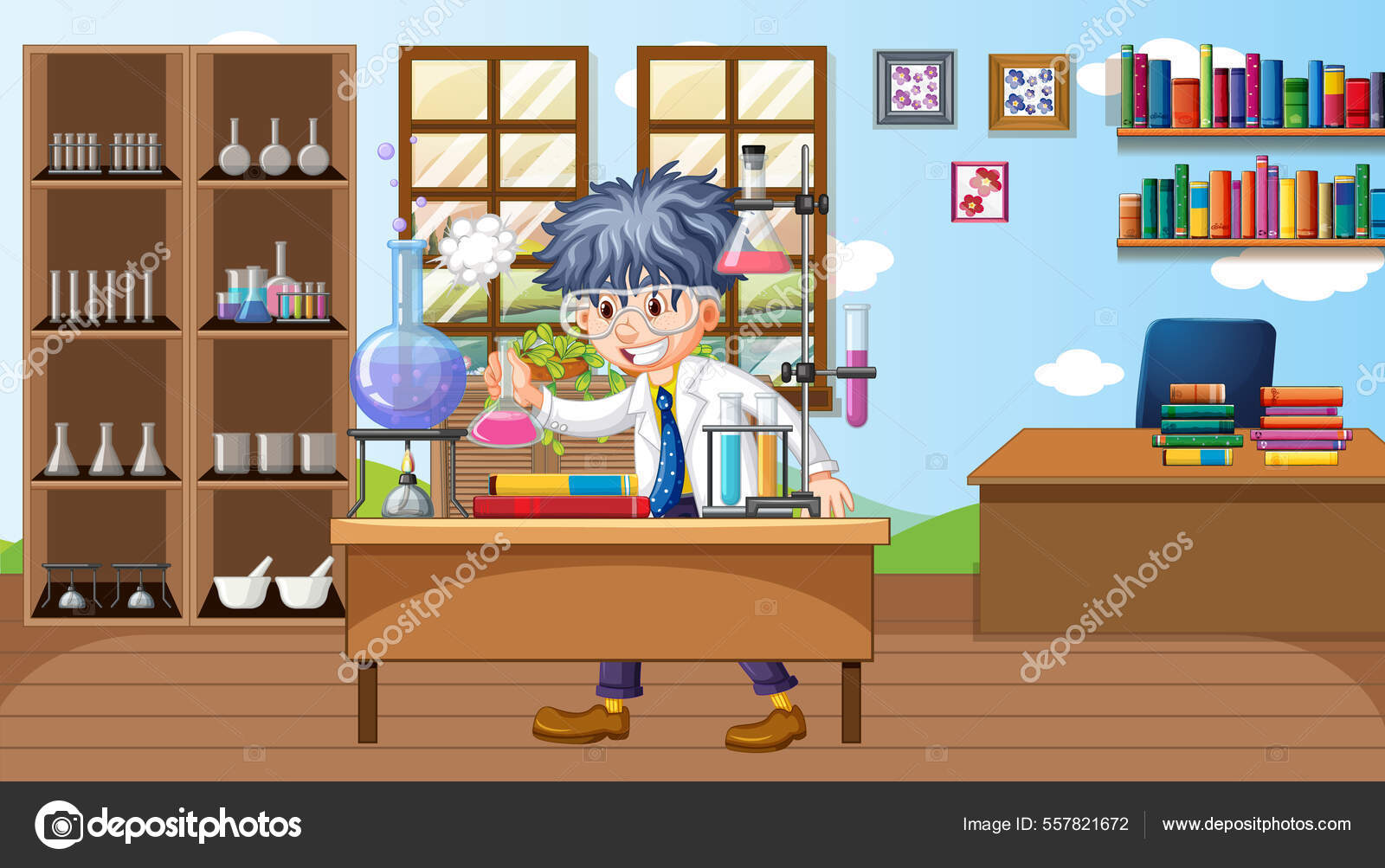 Laboratory Scene Scientist Cartoon Character Illustration Stock Vector ...