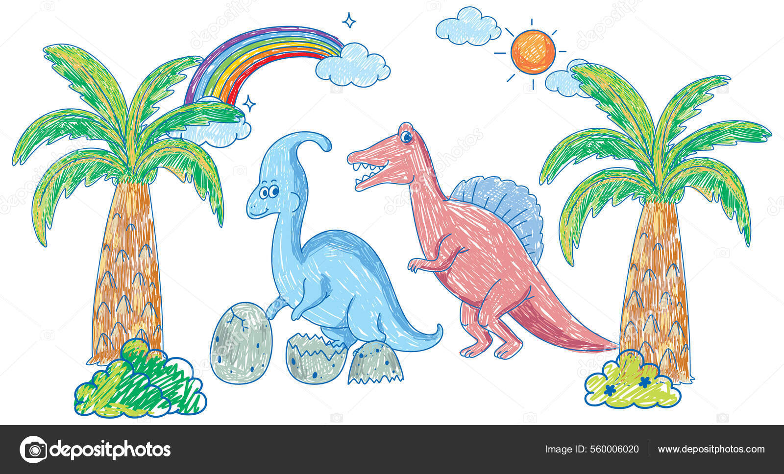 Coloured Hand Drawn Dinosaurs Group Illustration Stock Vector by ...