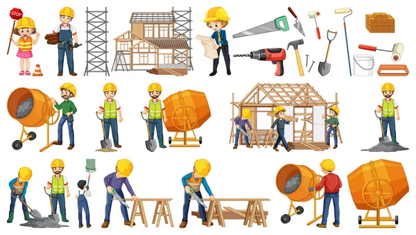 Set Construction Site Objects Workers Illustration Stock Vector by ...
