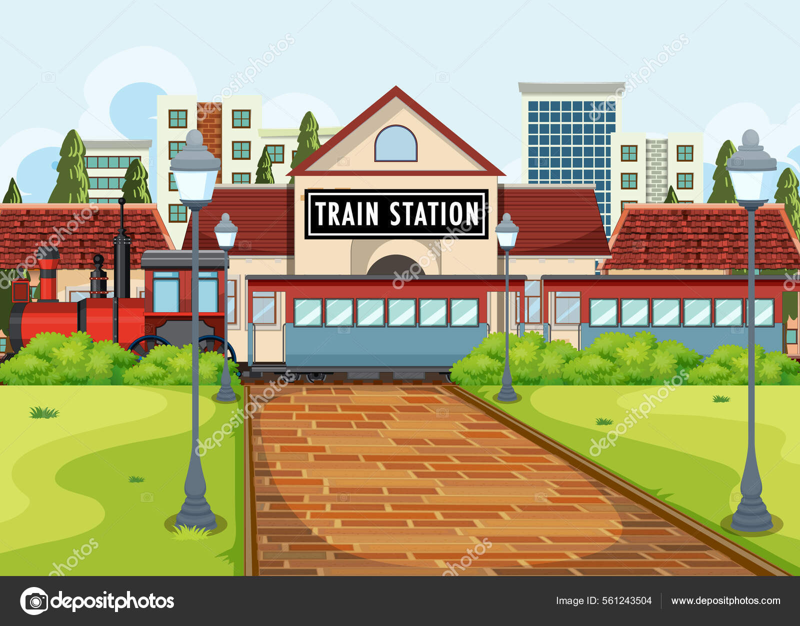 Train Station Scene Steam Locomotive Illustration Stock Vector by ...