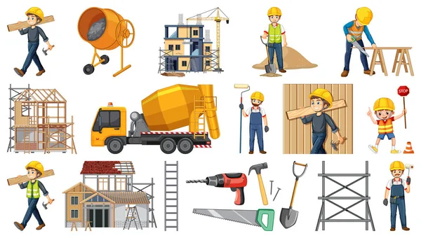 Set Construction Site Objects Workers Illustration Stock Vector by ...