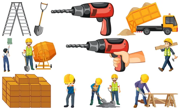 Set Construction Site Objects Workers Illustration Stock Vector by ...