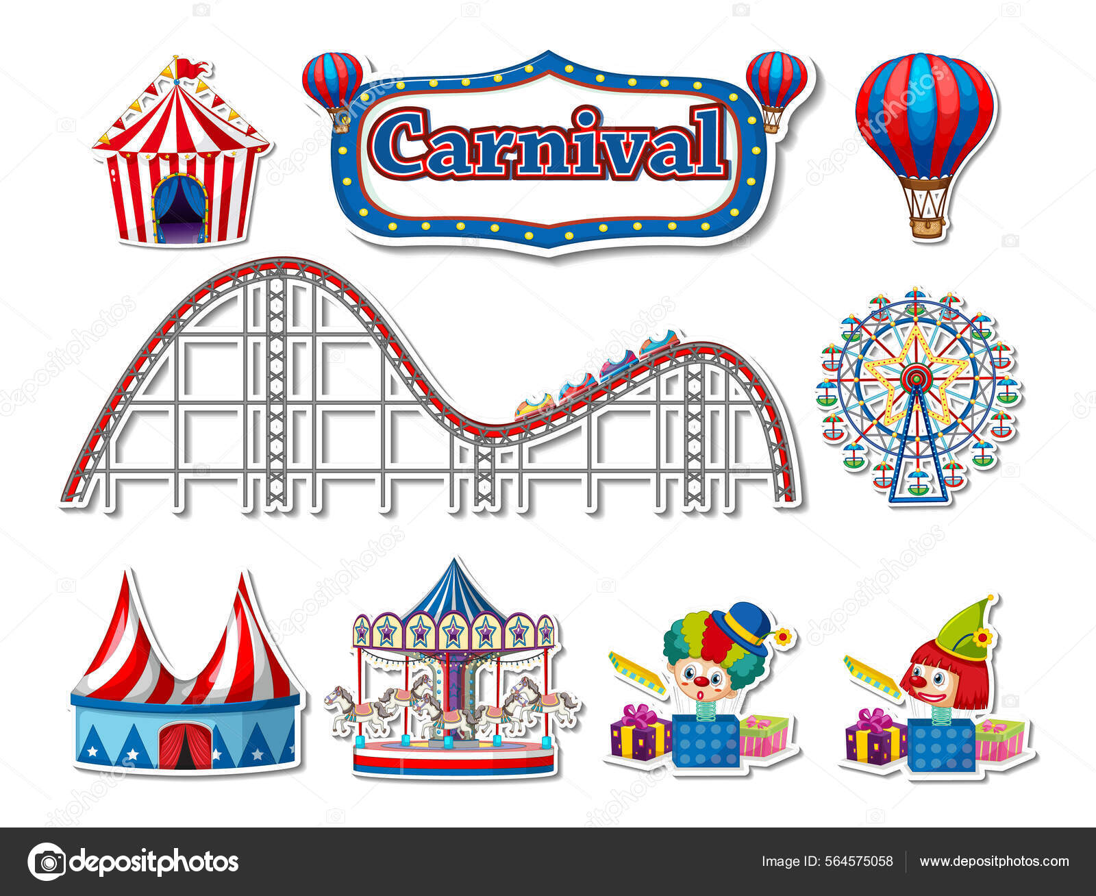Sticker Set Amusement Park Objects Cartoon Characters Illustration ...