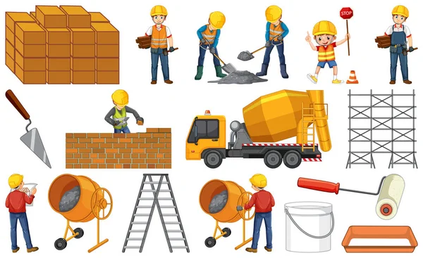 Set Construction Site Objects Workers Illustration Stock Vector by ...