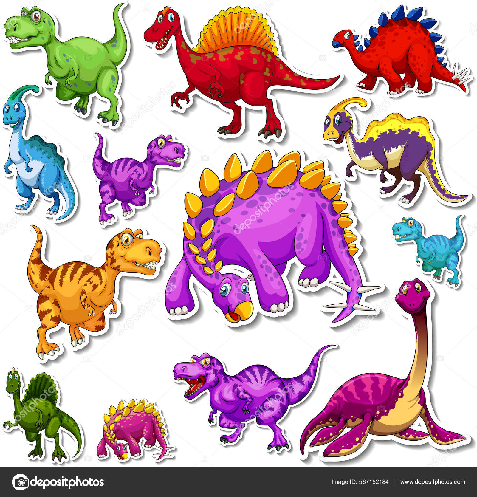 Sticker Set Different Dinosaurs Cartoon Illustration Vector de stock ...