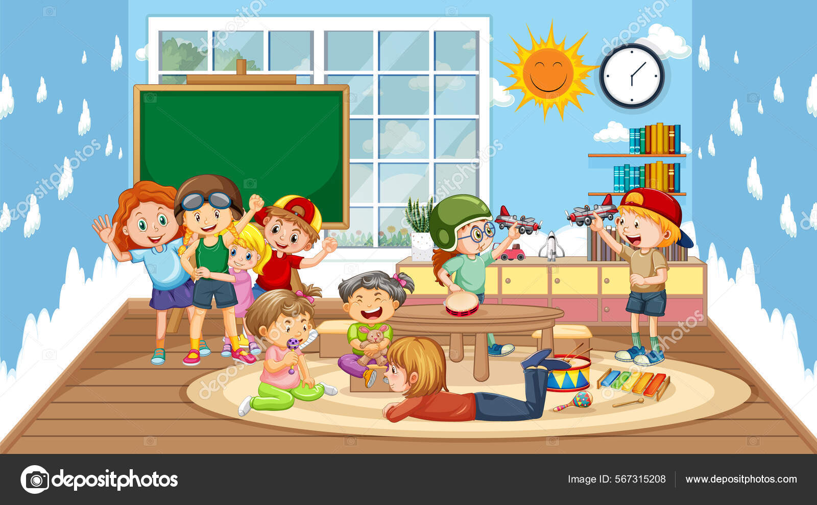 Scene Classroom Many Children Playing Illustration Stock Vector by ...