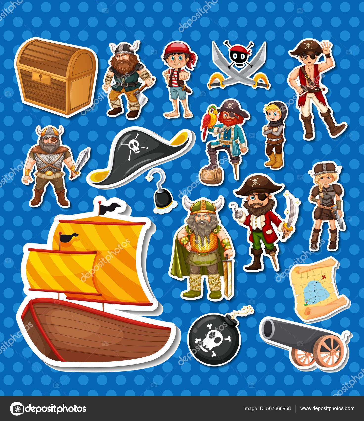 Sticker Pack Pirate Cartoon Characters Objects Illustration Vector de ...