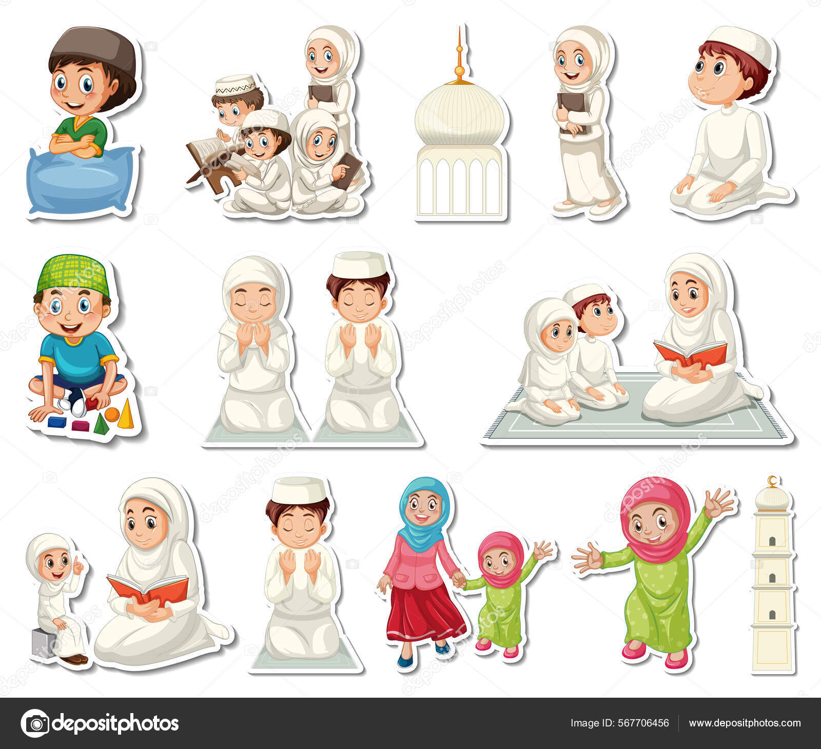 Set Stiker Islam Simbol Agama Dan Kartun Karakter Ilustrasi Vektor Stok ...