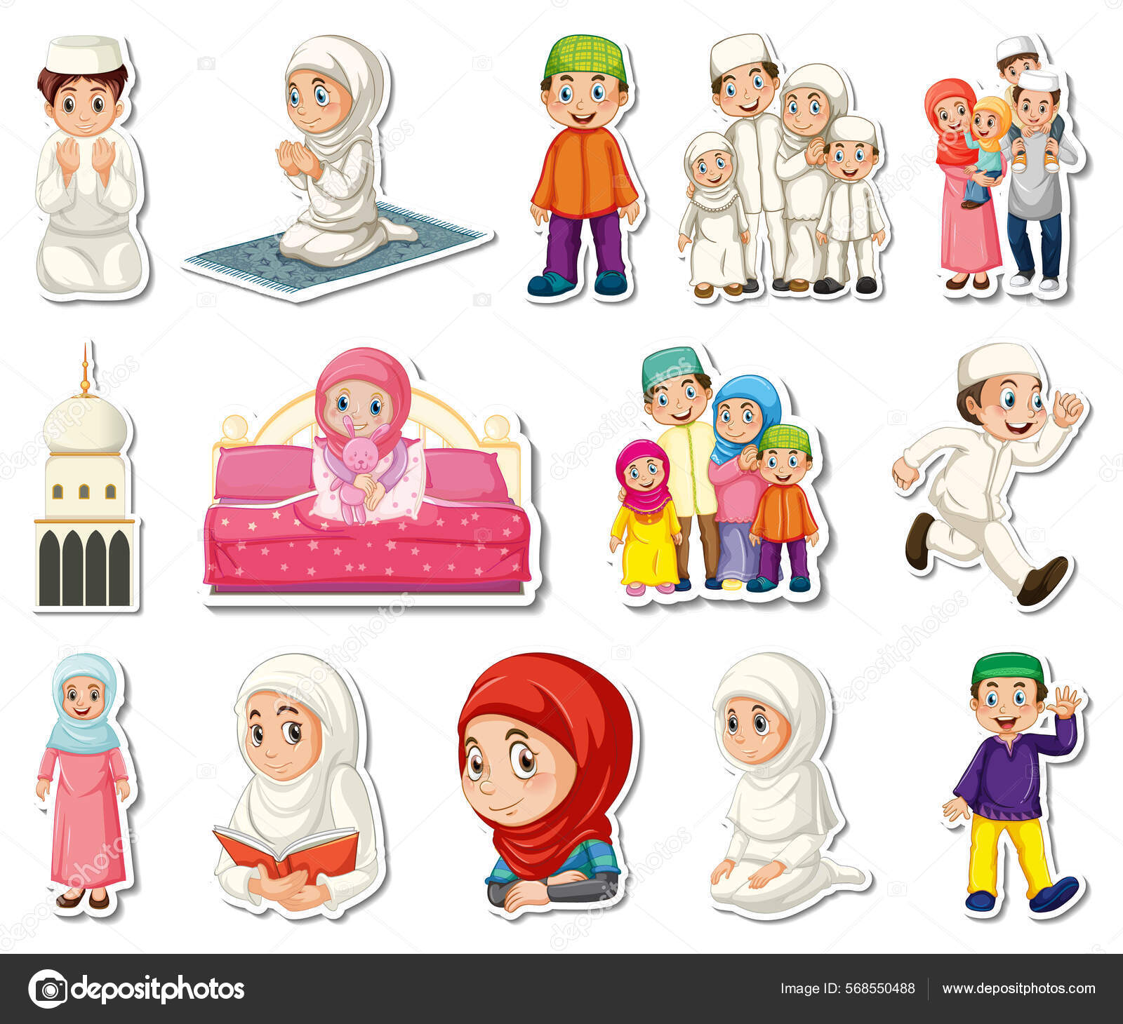 Set Stiker Islam Simbol Agama Dan Kartun Karakter Ilustrasi Vektor Stok ...