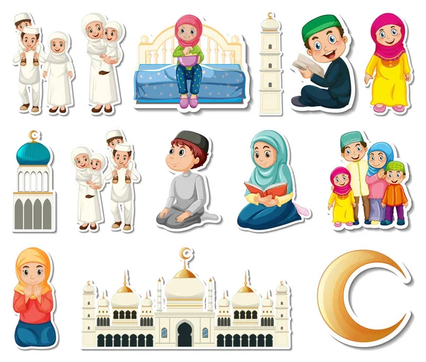 Set Stiker Islam Simbol Agama Dan Kartun Karakter Ilustrasi Vektor Stok ...