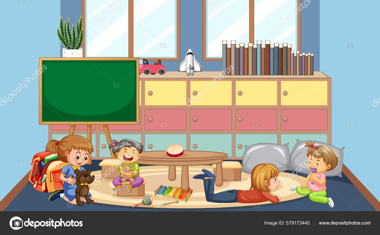 Escena Del Aula Con Niños Jugando Ilustración Vector de stock por ...