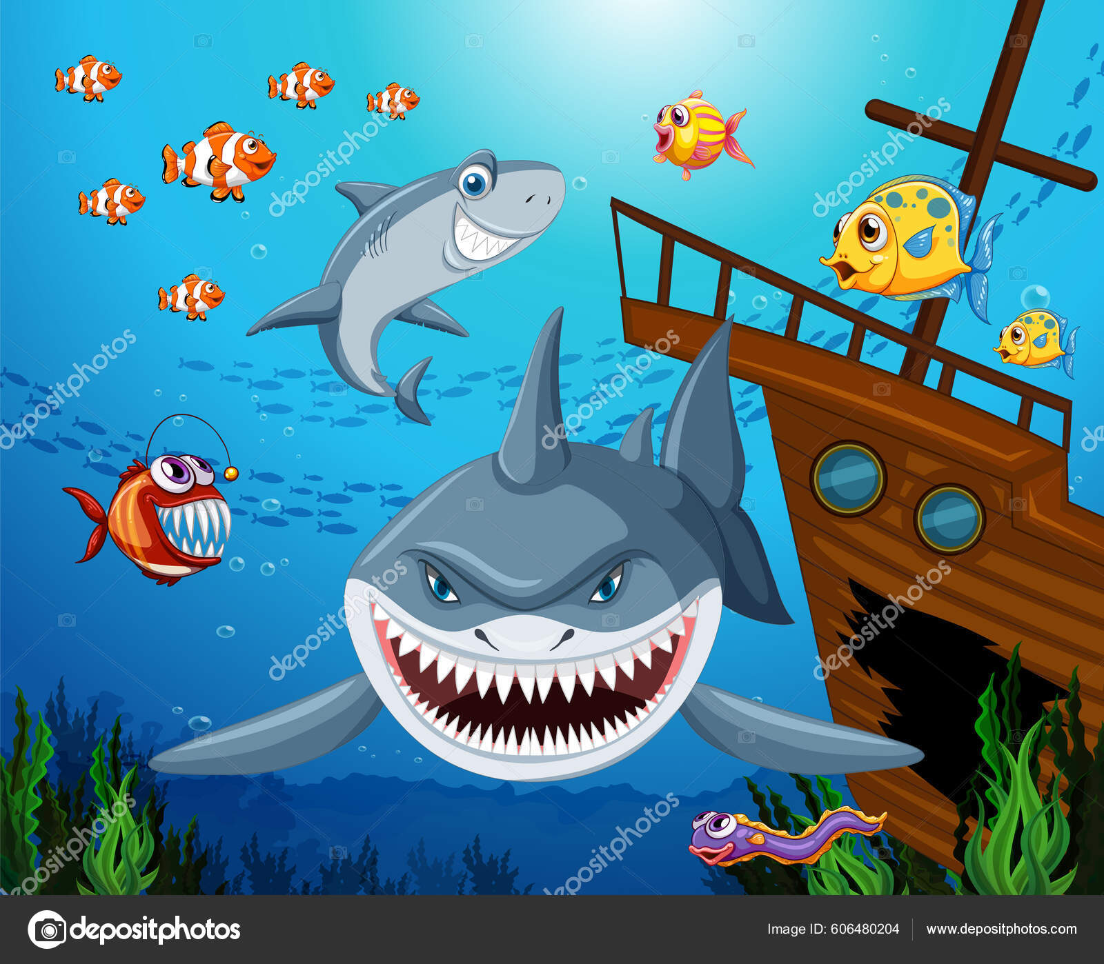 Angry Shark Underwater Ocean Scene Illustration Stock Vector by ...