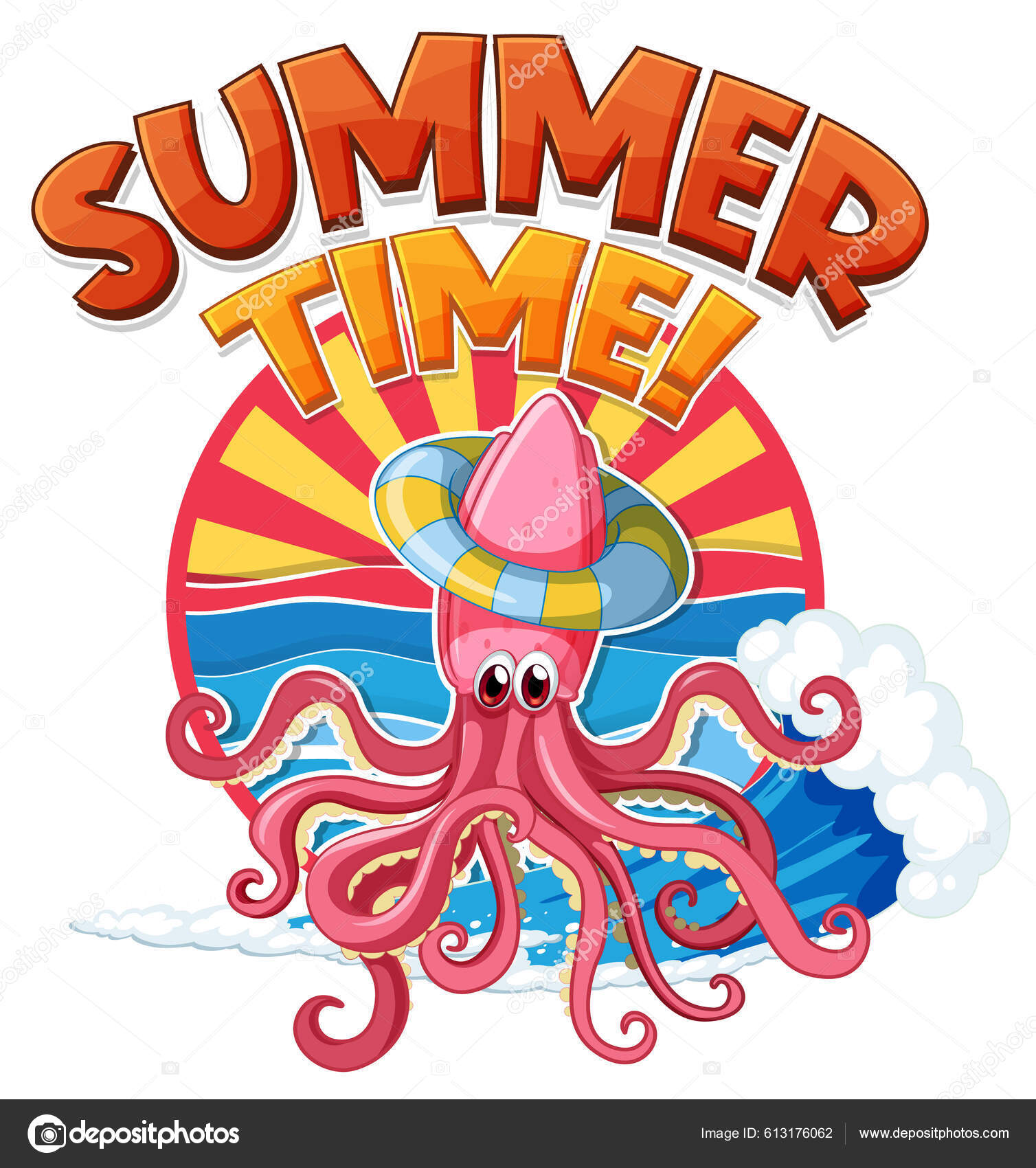 Summer Time Word Squid Cartoon Illustration Vector de stock por ...