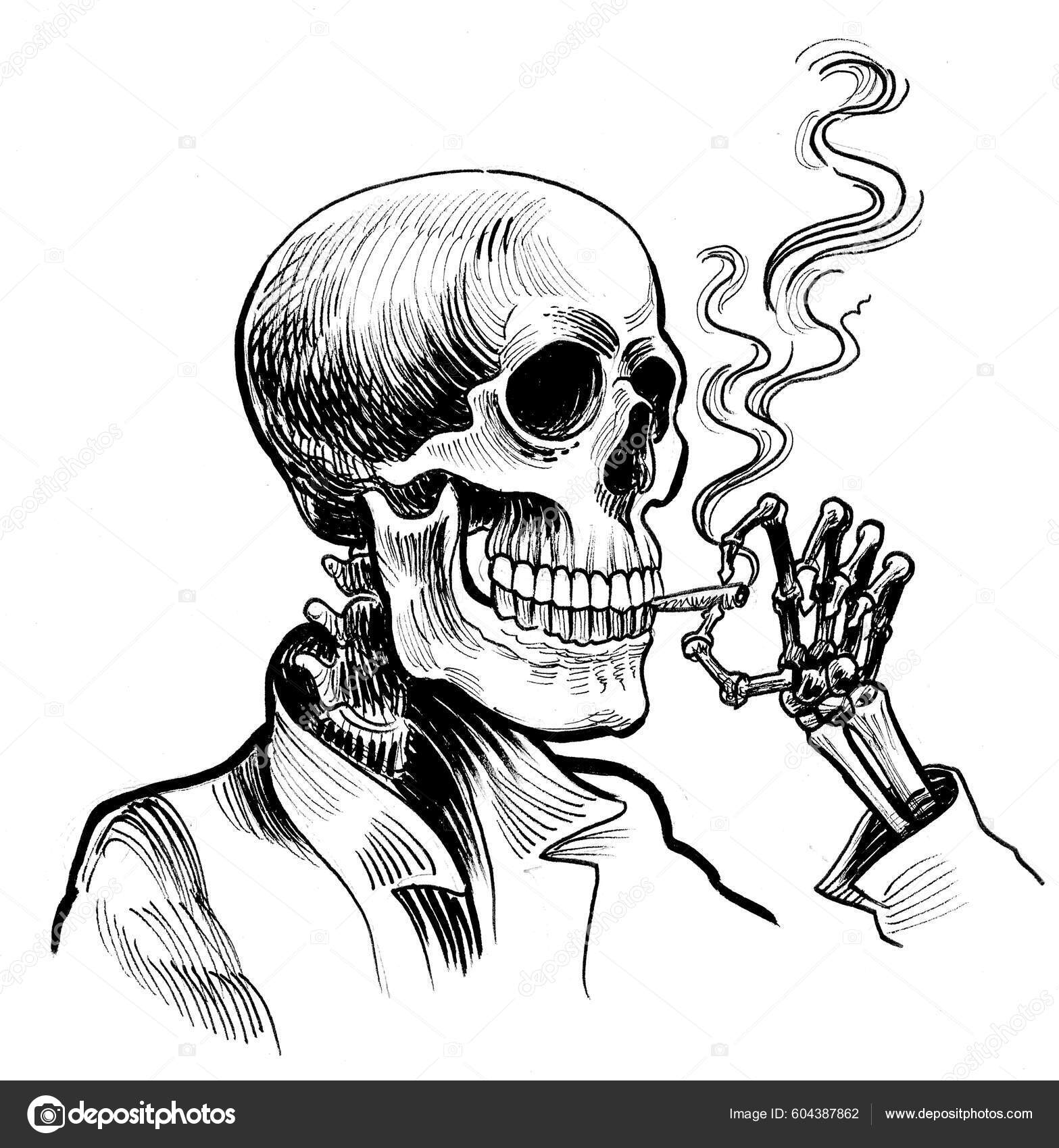 Human Skeleton Smoking Cigarette Ink Black White Drawing Stock Photo by ...