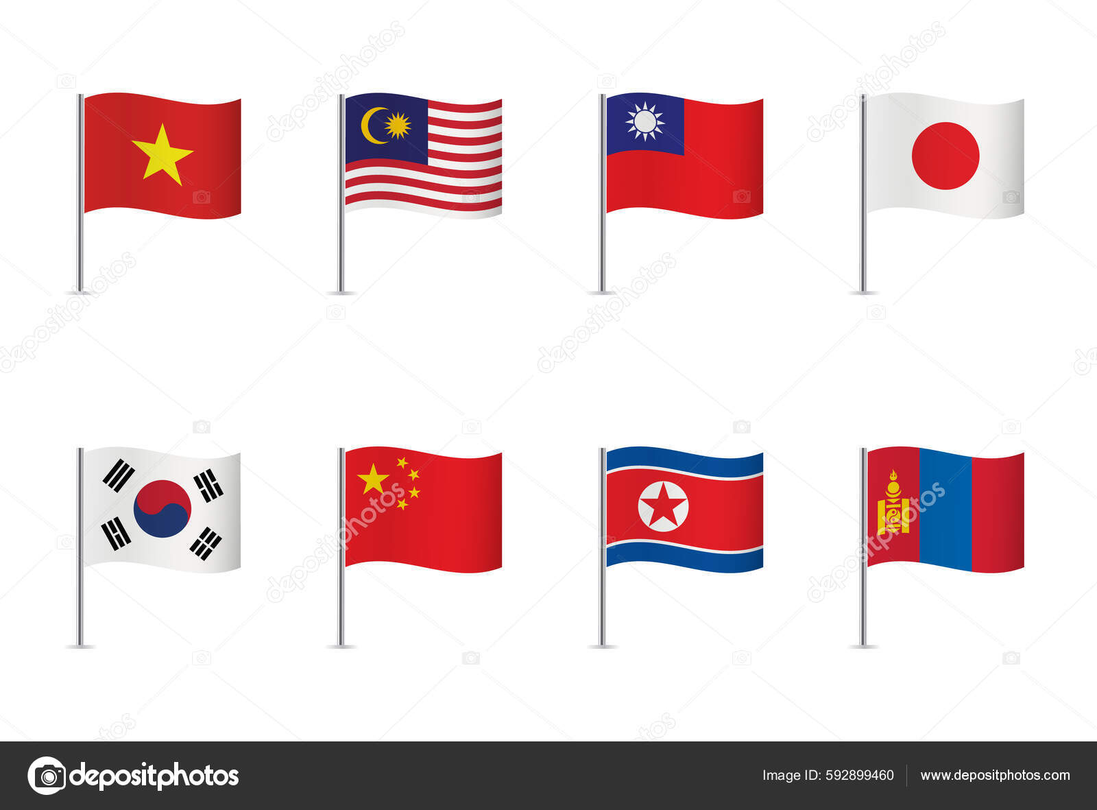 East Asia Flags Set Vietnam Malaysia Taiwan Japan South Korea Stock ...