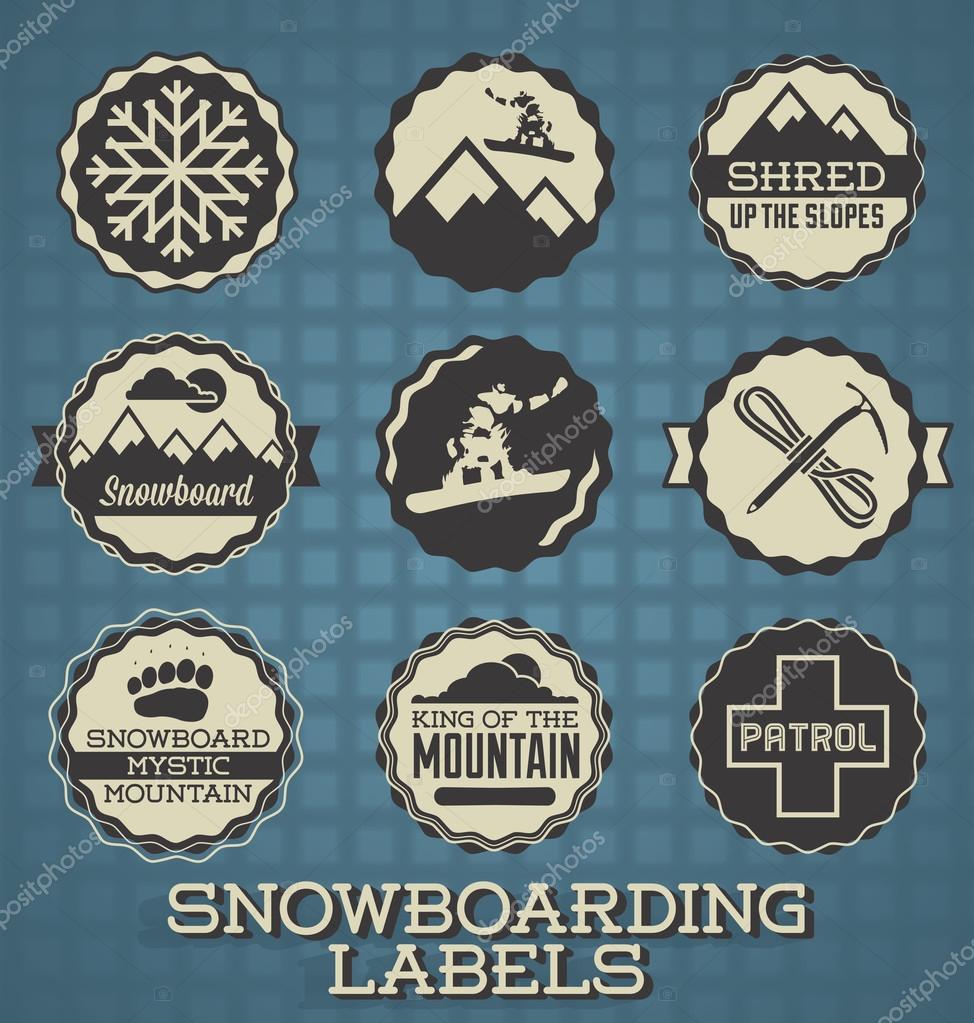 Set de Vectores: Etiquetas de Snowboard Vintage e Iconos 2024