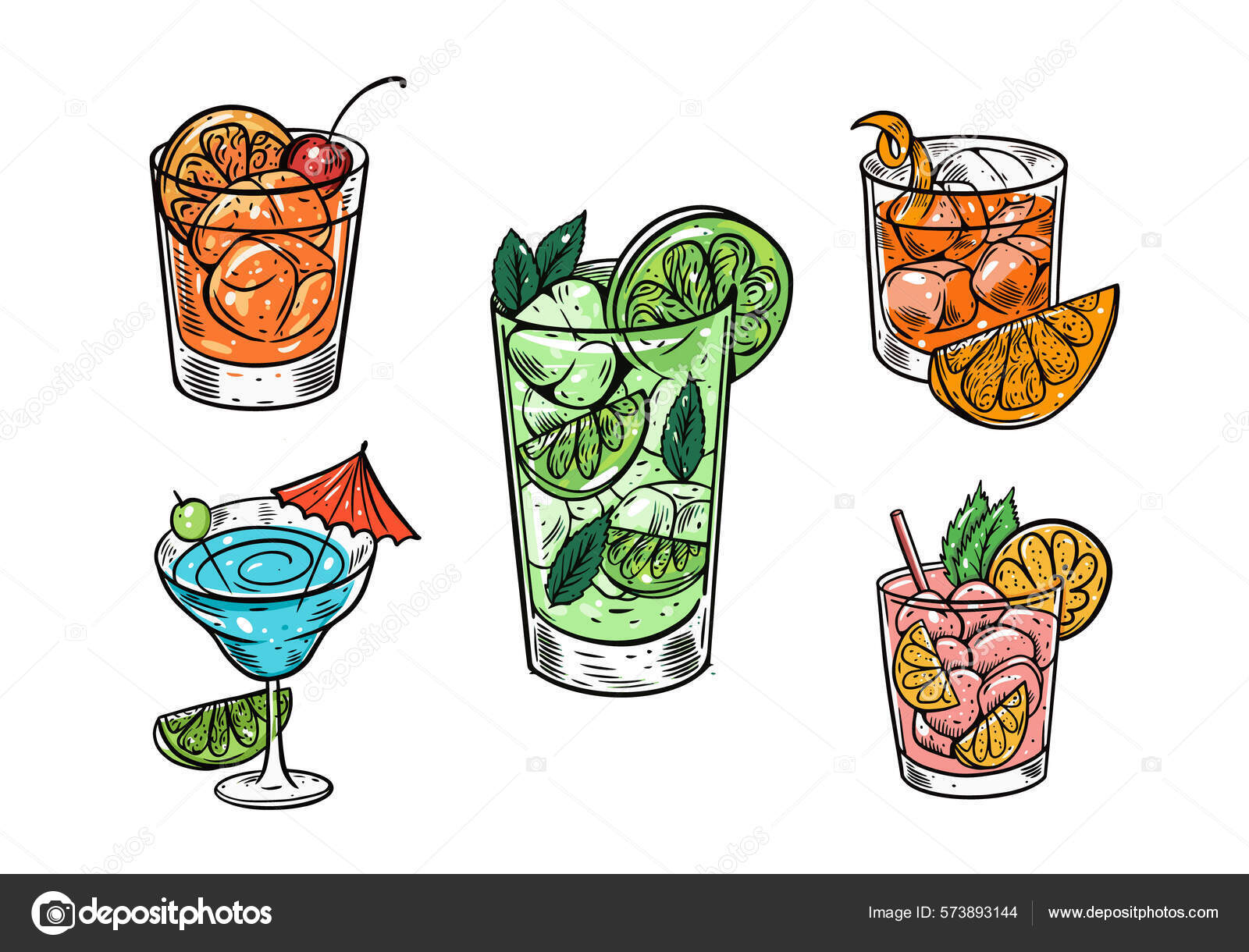 Hand Drawn Sketch Colorful Cocktails Set Modern Vector Illustration ...