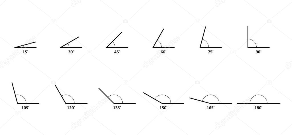 Varios ángulos conjunto de iconos grado. 15, 30, 45, 60, 75, 90, 120 ...