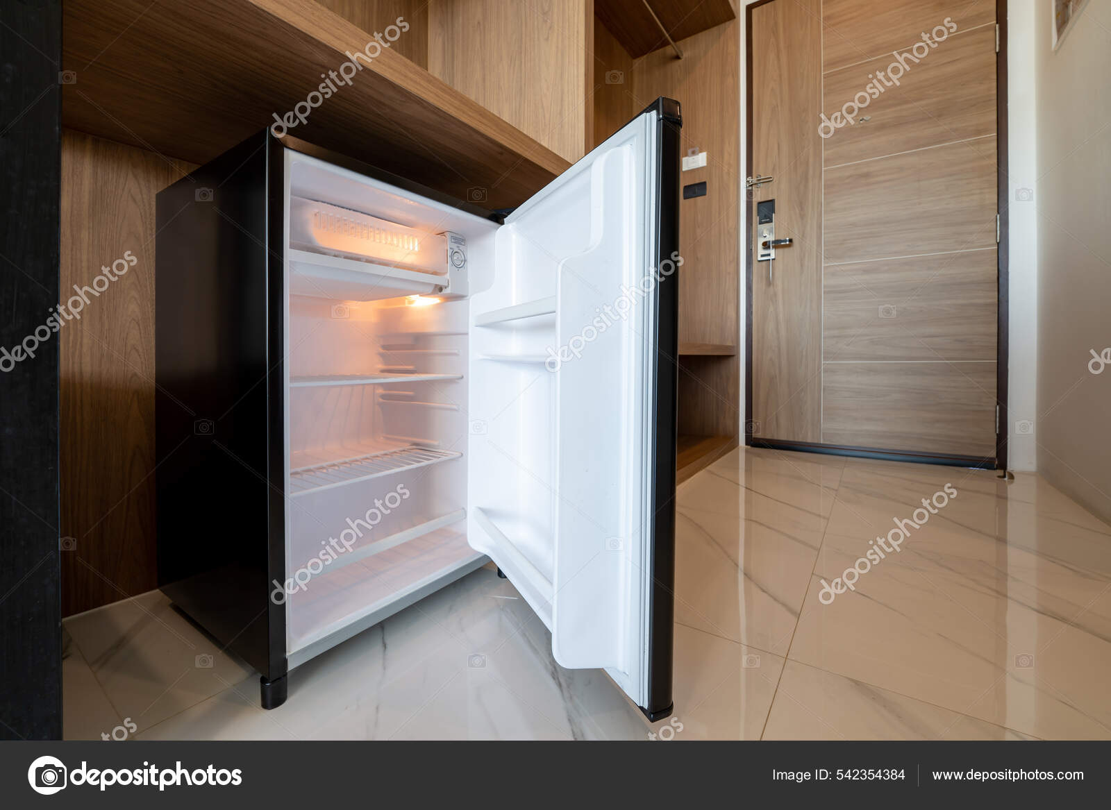 Opened Small Refrigerator Wood Counter Front Enter Door Delux Room ...