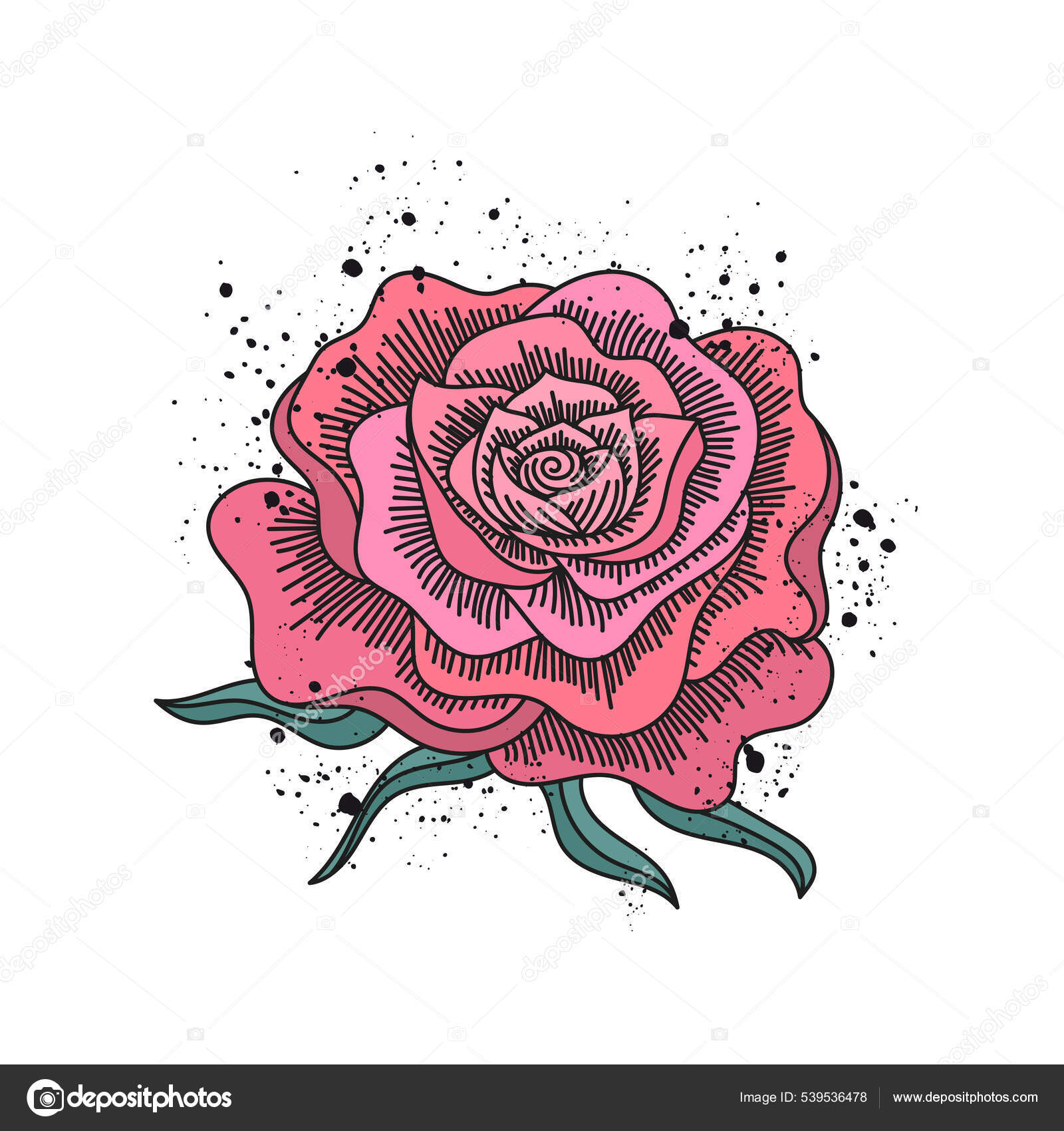 Red Rose Hand Drawn Illustration Isolated Folk Art Style Ink Stock ...