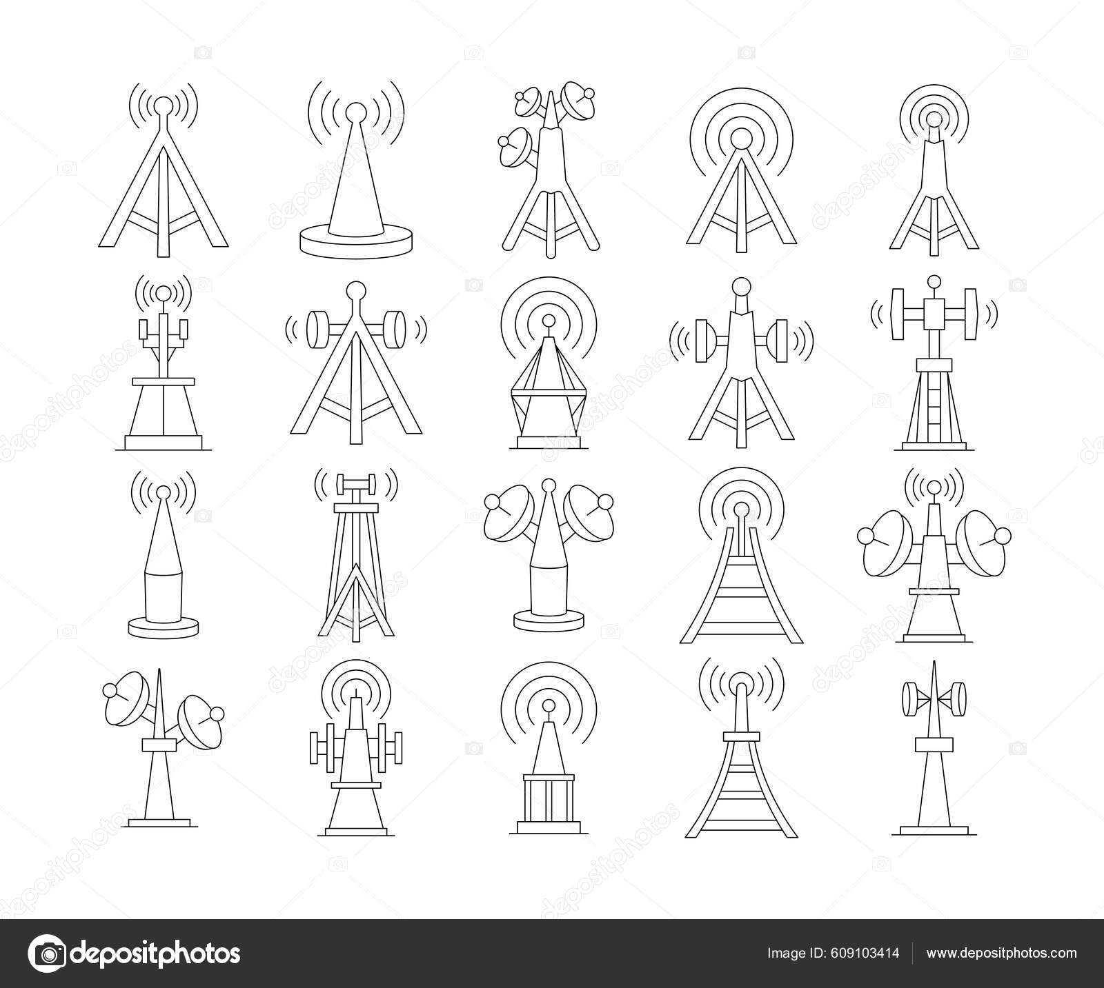 Transmitter Tower Radio Mast Icons Set Thin Line Illustration Stock ...