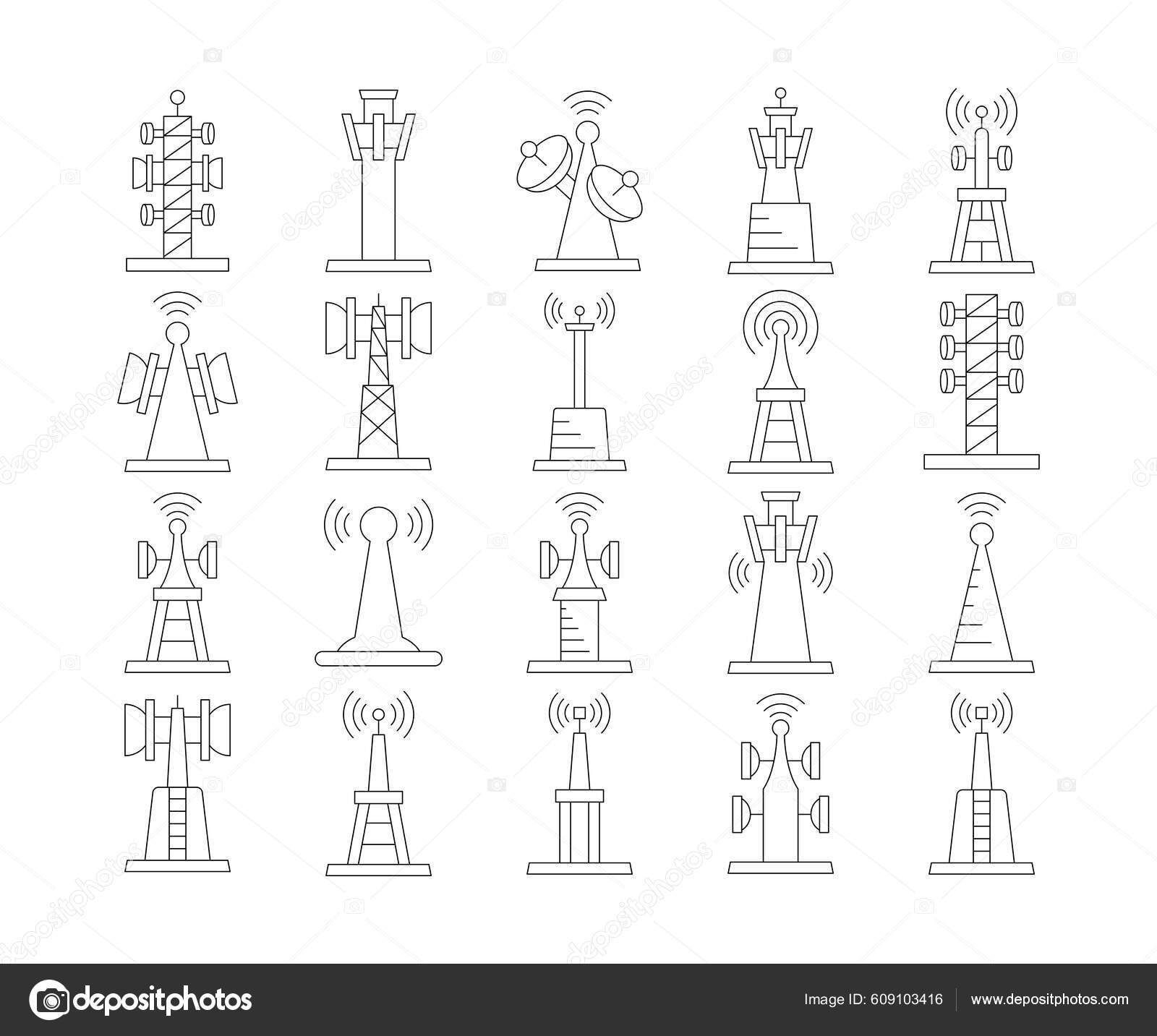 Transmitter Tower Radio Mast Icons Set Thin Line Illustration Stock ...