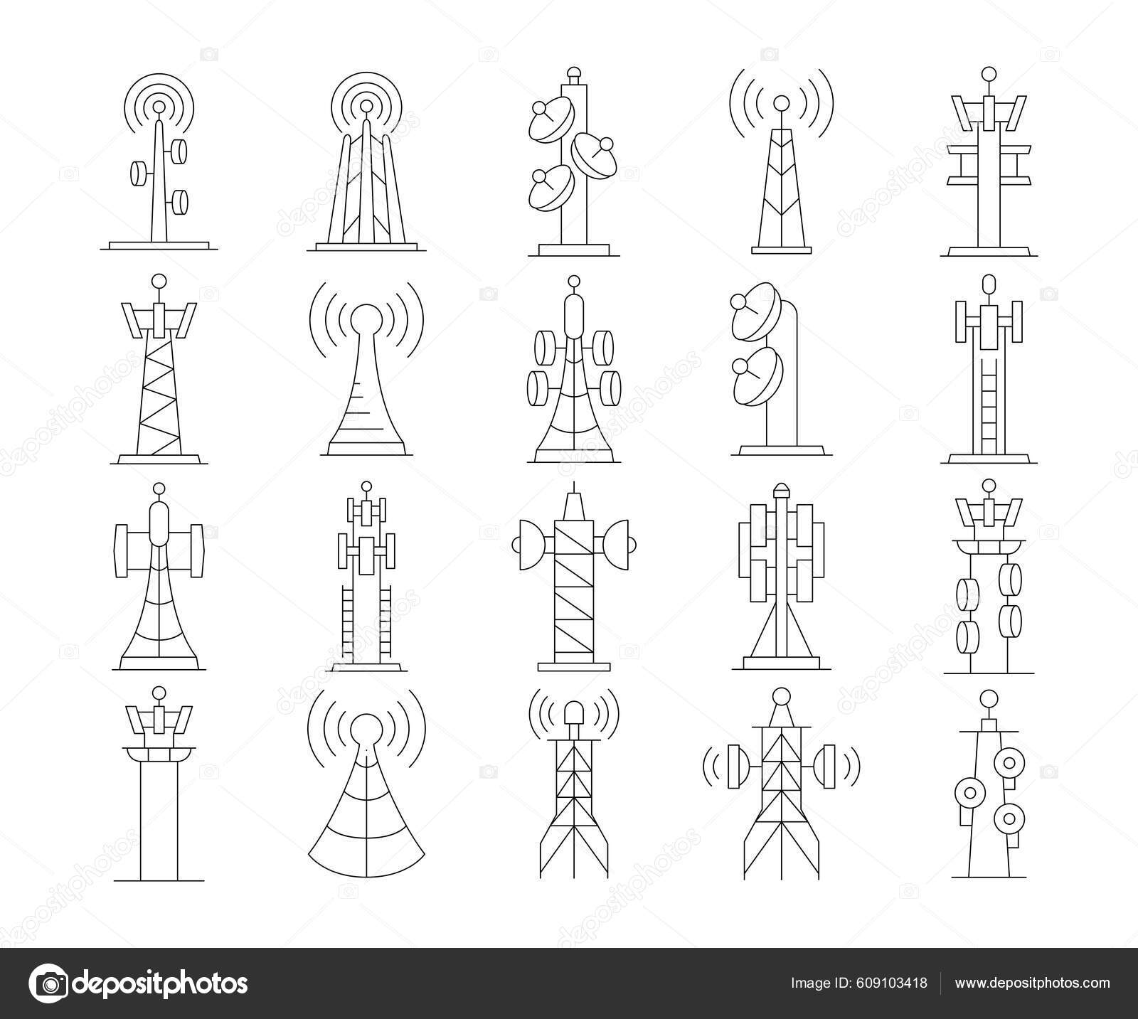 Transmitter Tower Radio Mast Icons Set Thin Line Illustration Stock ...