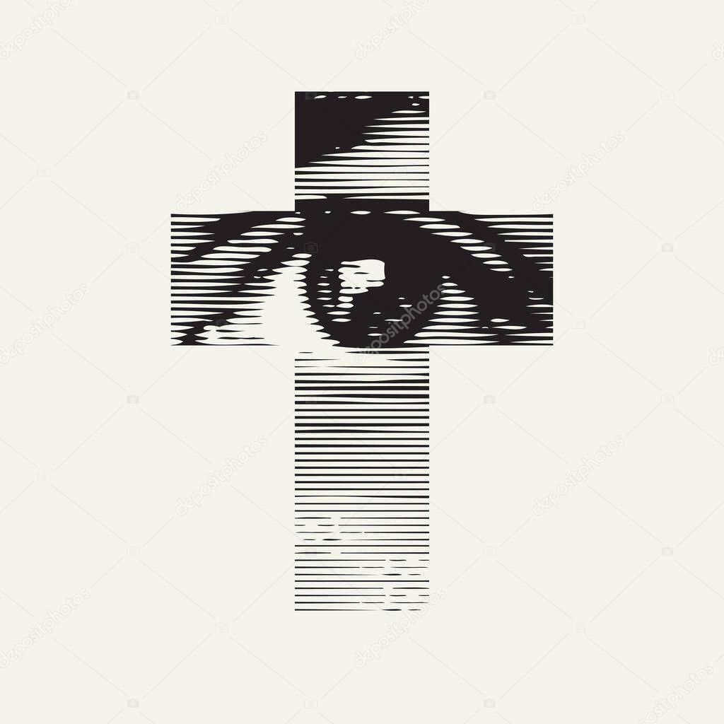 Bandera cuadrada abstracta con una cruz y un ojo humano sobre un papel ...