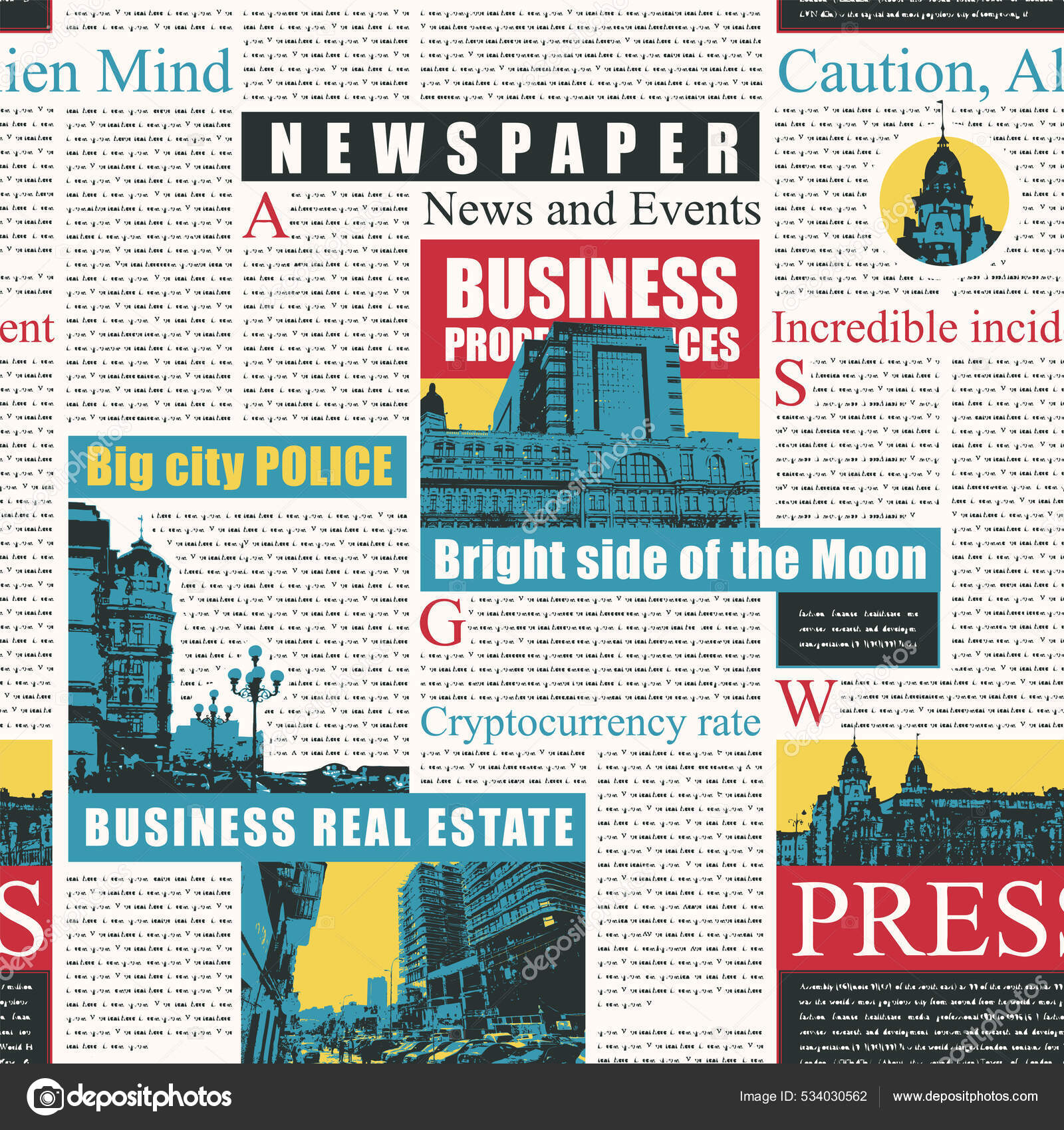 Newspaper Seamless Pattern Headlines Illustrations Illegible Text Dark ...