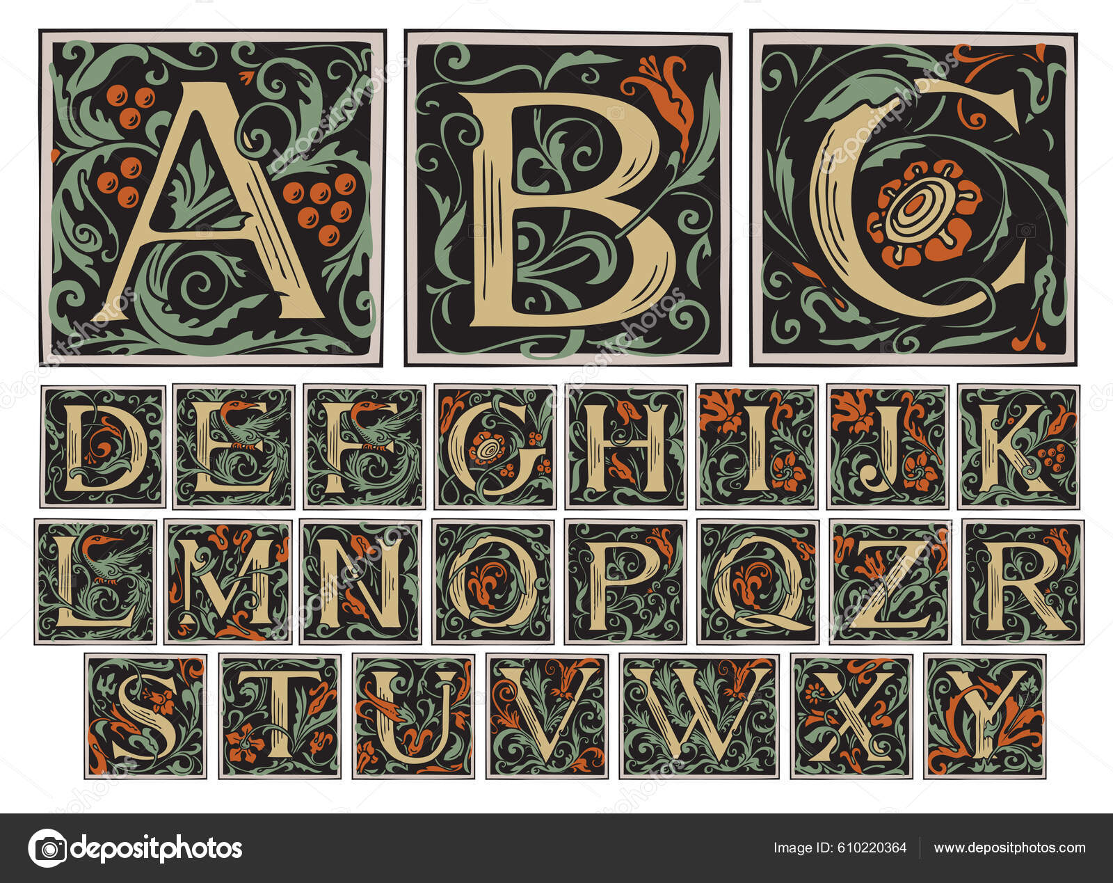 Vintage Alphabet Vector Set Hand Drawn Ornate Initial Alphabet Letters ...