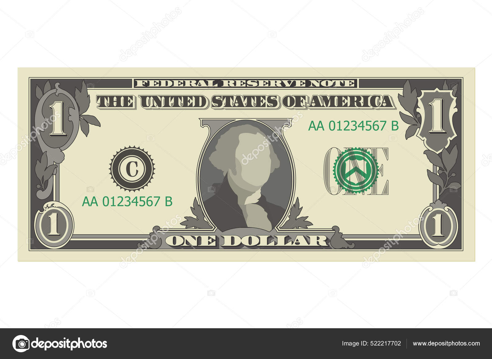 One Dollar Bill Dollar Banknote Front Side Obverse Simplified Vector ...