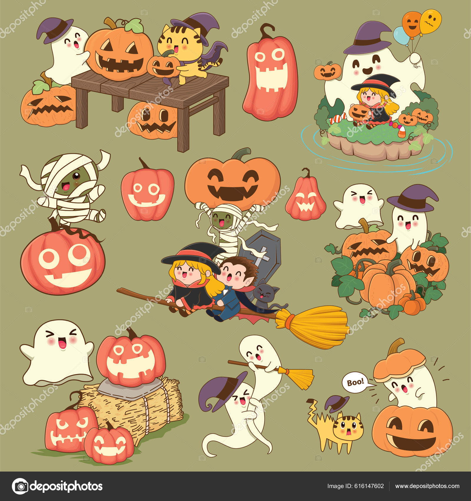 Vintage Halloween Poster Design Vector Vampire Mummy Jack Lantern Ghost ...