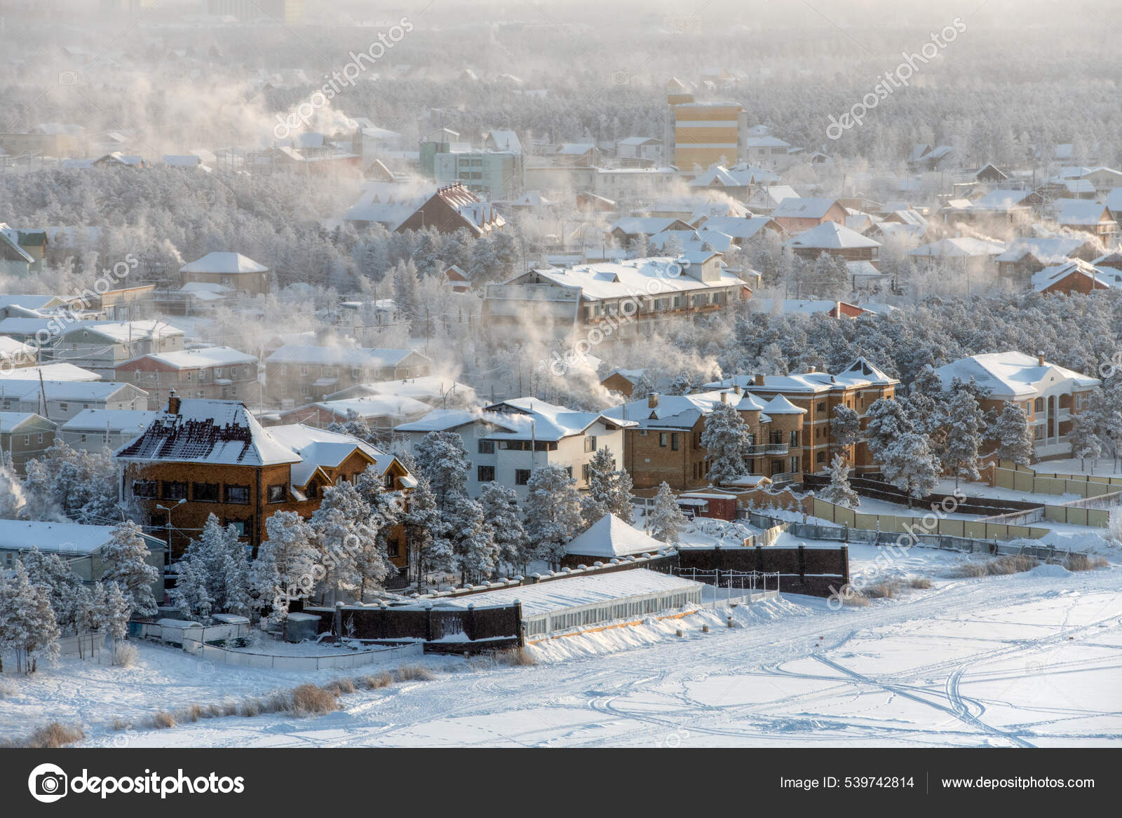 Winter Landscape Snow Covered Trees Foggy Cold Day Yakutsk City Stock ...