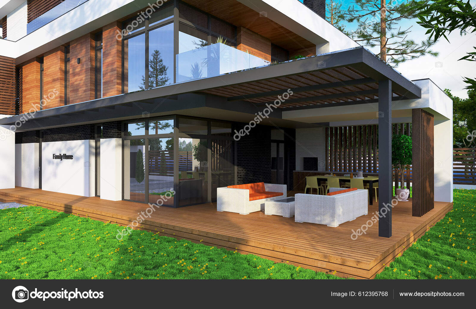 Rendering Eines Modernen Hauses Mit Flachdach Moderne Architektur Haus Mit – Stockfoto © House ...