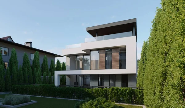 3D visualization of a modern house with a unique facade. Unique ...