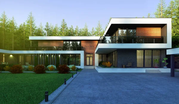 3D visualization of a modern residence on a large plot. Villa with ...